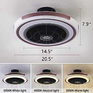 HuixuTe 21" Modern Ceiling Fan with Light Remote Control, 3 Colors 6 Speeds Coffee Bladeless Ceiling Fan, Low Profile Fush Mount Ceiling Fan with Light for Bedroom Living Room