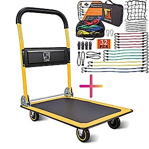Push Cart Dolly by Wellmax, Moving Platform Hand Truck, Foldable for Easy Storage and 360 Degree Swivel Wheels with 330lb Weight Capacity, Yellow Color with Bungee Cord Set