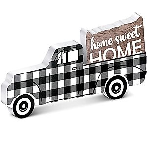 Jetec Wooden Pickup Truck, Black and White Plaid Wooden Ornament, Home Sweet Home Wooden Decor for Window Shelf Desk and Home Decor