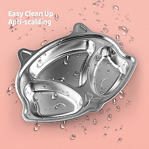 HOLIPOT 304 Stainless Steel Divided Plates, Food-Grade Toddlers Babies Kids Tray, 1300 Ml Toddler Plates with Suction, Self Feeding Training Kids Plates,Fits for Most High chairs Trays (Fox)