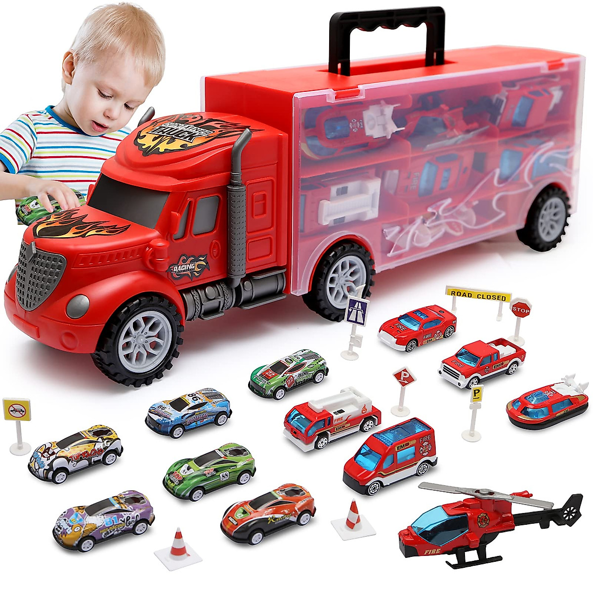 Toddler Toys for 3-4 Year Old Boys,Large Transport Cars Carrier Set Truck Toys with 12 Die-cast Vehicles Truck Toys Cars,Ideal Christmas Easter Valentines Day Gifts Toys for Kids Age 3-7 (Red)