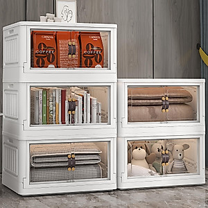 Storage Bins with Lids, 23 Gal White Closet Organizers and Storage, 5 Packs Collapsible Storage Bins with Wheels, Plastic Storage Bins, Double Door Stackable Storage Bins for Home and Office