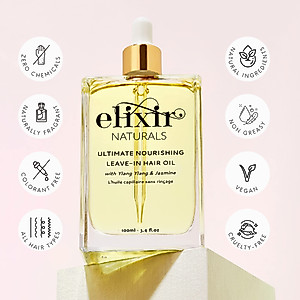 Elixir Naturals - Natural Hair Oil, Adds Shine, Strength and Nourishment to Dry, Frizzy, Damaged, Curly & Colored Hair. Leave-In Styling Hair Oil and Treatment for Dry Damaged Hair. 100ml