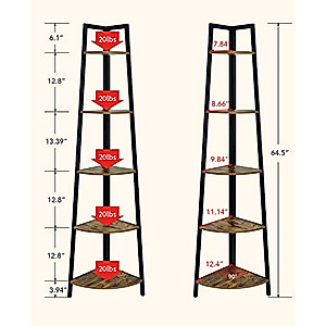 Pshelfy 5-Tier Corner Shelf, Rustic Corner Bookshelf Bookcase Multipurpose Corner Ladder Shelf Plant Stand for Living Room, Kitchen, Home Office Small Space (Brown)