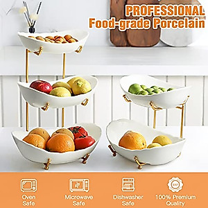 HOMKULA Fruit Bowl for Kitchen Counter - 3 Tier Ceramic Serving Bowls with Metal Stand, Tiered Fruit Basket for Fruit Vegetable Storage, Snack, Nuts, Cake, Dessert (Gold)