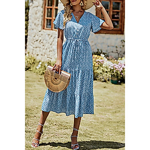 PRETTYGARDEN Women's Floral Boho Dress Casual Short Sleeve V Neck Ruffle Tiered Summer Swing Maxi Dresses(Blue,Medium)