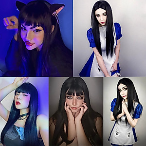 ANOGOL Hair Cap+32Inch/80cm Long Straight Black Wig Cosplay Synthetic Wig Long Black Wig with Bangs Peluca Negra Cosplay Wig for Halloween Anime Hair for Women Costume Party