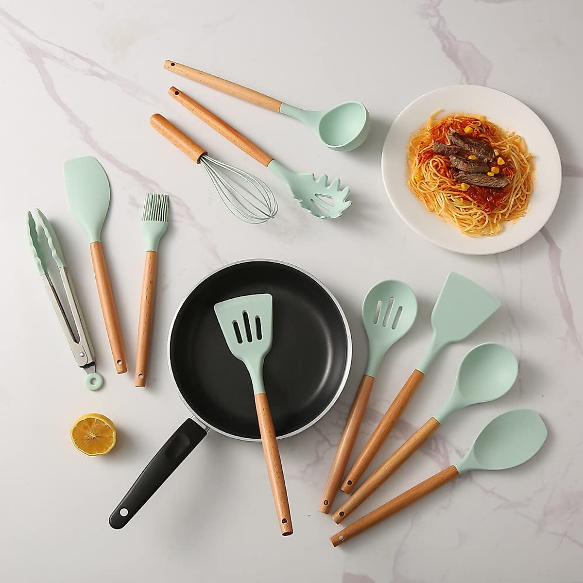 Kitchen Silicone Cooking Utensils Set with Wooden Handle. 446°F Heat Resistant, BPA free, Dishwasher Safe Non-Stick Silicone Kitchen Gadgets Cookware Set(12pcs Set) (Light Green)