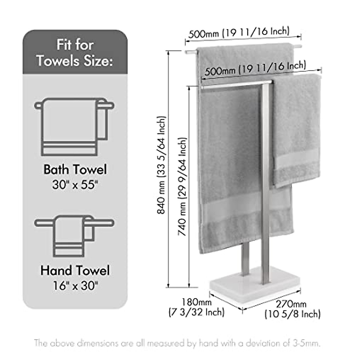 KES Standing Towel Rack & Natural Marble Toilet Paper Holder Stand, SUS304 Stainless Steel Brushed Finish, BTH217-2+BPH284S1-2