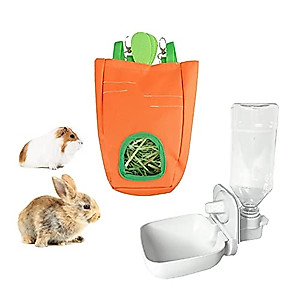 Rabbit Hay Feeder Bag Guinea Pig Food Fabric Bag Hanging Feeding Sack Storage Hay Dispenser with Pet Water Bowl for Rabbit Guinea Pig Chinchilla Hamster
