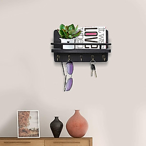 Key Holder and Mail Shelf Wall Mounted, Decorative Wall Mail Organizer with Shelf, Wood Hanging Mail Sorter Shelf with 5 Key Hooks, 100% Pine Wood Letter, Bill and Newspaper Storage Shelf (Black)