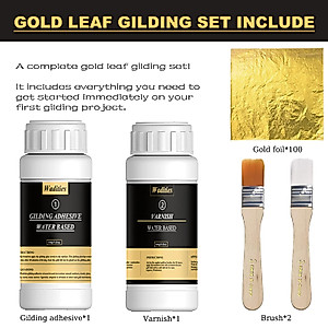 Wadities Gold Leaf Gilding Adhesive Set, 100ml Water Based Metal Leaf Glue and 100ml Varnish, Gold Leaf Sheets 100 pcs, 2 Brushes, for Craft, Painting and Arts