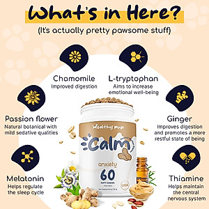 Calming Chews for Dogs with Melatonin - 60 Delicious Soft Treats for Dog Anxiety Relief for Large and Small Dogs - Peanut Butter Flavor - Includes Chamomile, Thiamine, L-Tryptophan
