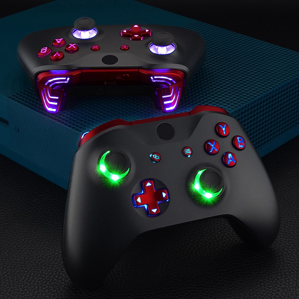 eXtremeRate Multi-Colors Luminated Dpad Thumbsticks Start Back ABXY Action Buttons, Scarlet Red Classical Symbols Buttons DTFS (DTF 2.0) LED Kit for Xbox One S & X Controller - Controller Without