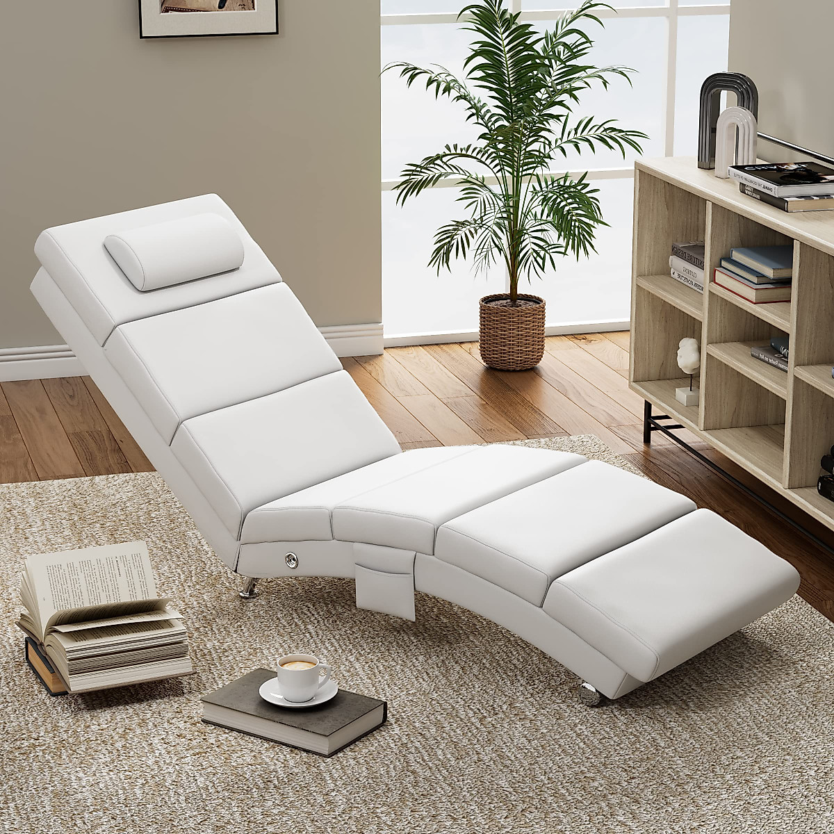 YOLENY Massage Chaise Lounge,Electric Recliner Heated Chair,Ergonomic Indoor Chair, Modern Long Lounger for Office or Living Room,PU&White…