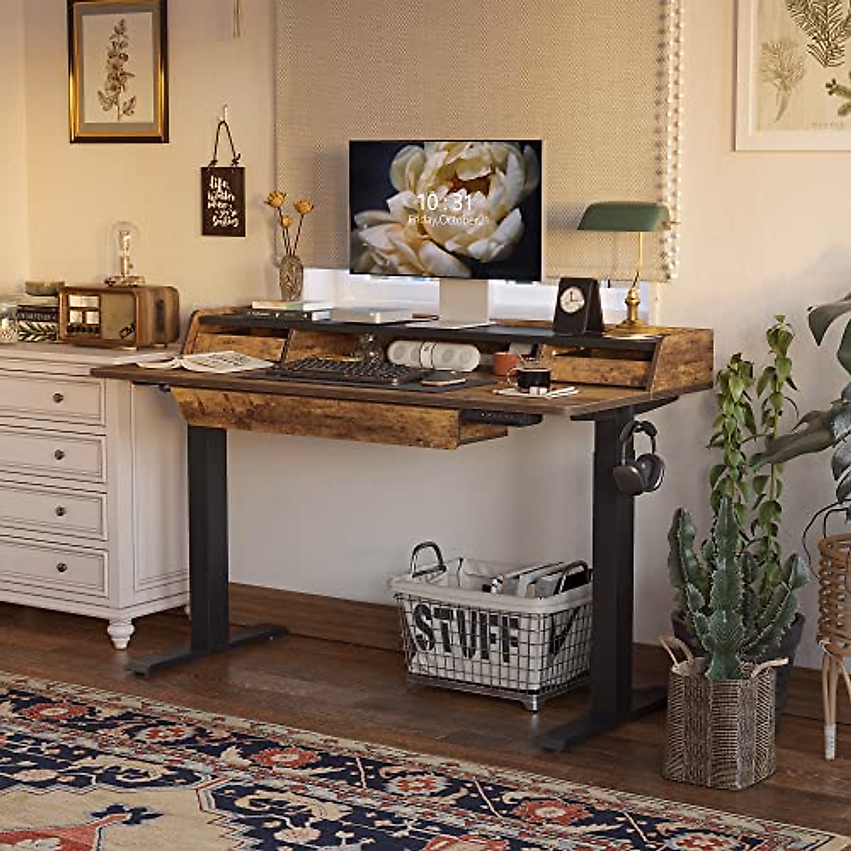 FEZIBO Standing Desk Adjustable Height with Drawers, 48 x 25 Inch Stand Up Desk with Storage Shelf, Electric Standing Desk with Storage Space, Rustic Brown Top/Black Frame