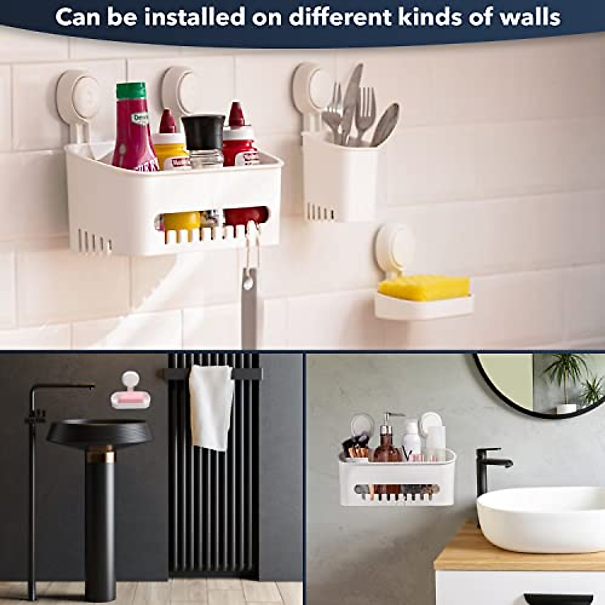 Shower Caddy Vacuum Suction Cup 3Pcs-No Drilling Bathroom Suction Cup Shower Shelf Organizer-Shower Shelves Basket for Shampoo,Soap and Toothbrush Holder-Racks for Inside Bath and Kitchen Wall (White)