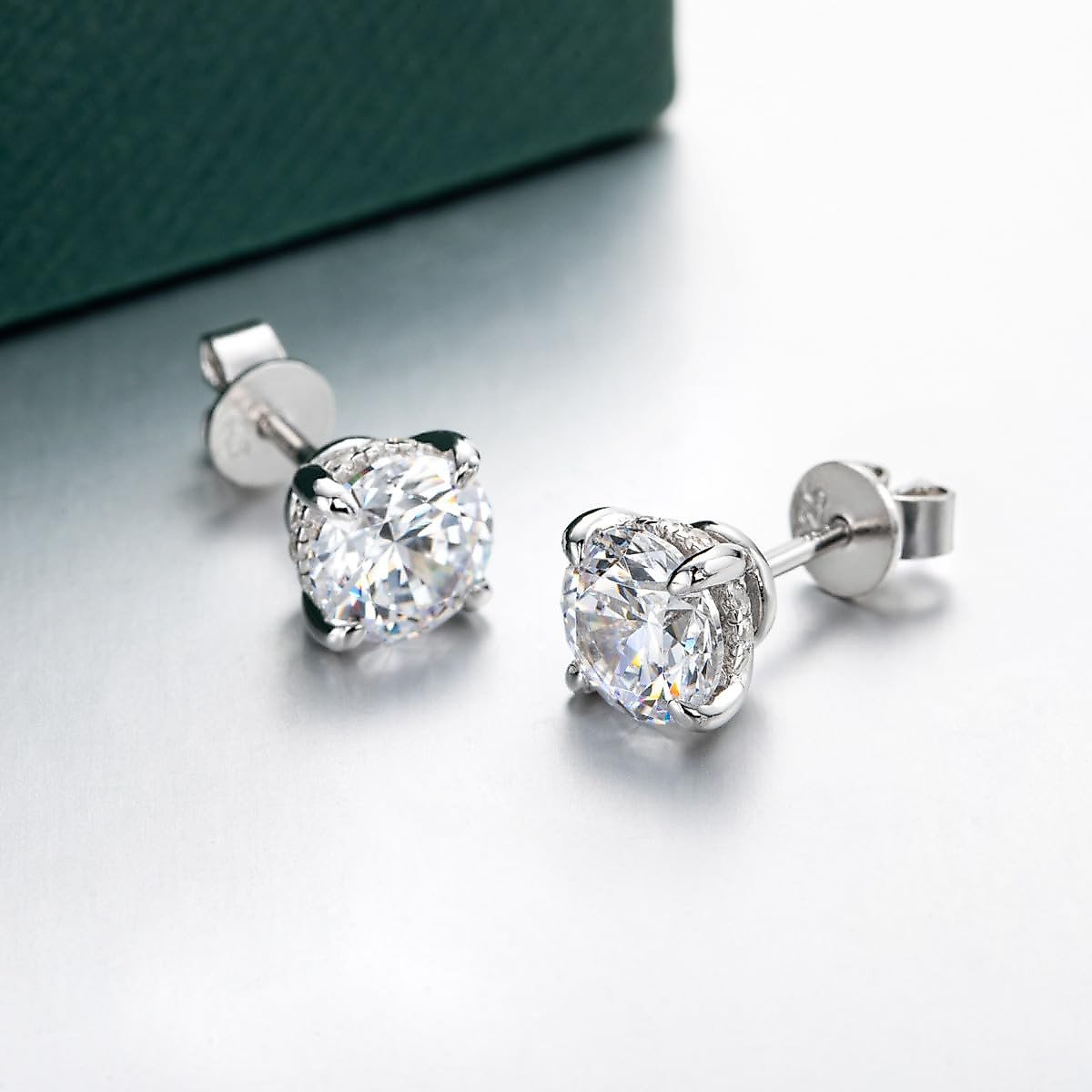 Bo.Dream 2 cttw Round Cut 6.5mm Cubic Zirconia Stud Earrings For Women Faux Diamond 18K White Gold Plated Sterling Silver