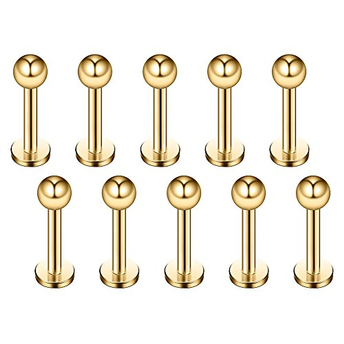 Ruifan 10PCS 16G Gold Plated 316L Stainless Steel 3mm Ball Labret Monroe Lip Ring Tragus Helix Cartilage Earring Stud Barbell 6mm Bar Length Body Piercing Jewelry