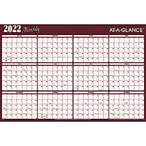 2022 Erasable Calendar, Dry Erase Wall Planner by AT-A-GLANCE, 48" x 32", Jumbo, Horizontal, Reversible, Red (A152)