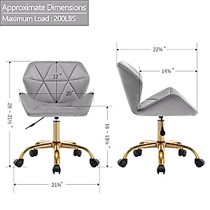 DUHOME Cute Home Office Chair, Velvet Swivel Desk Chair Armless Hydraulic Rolling Computer Chair with Backrest Golden Base for Teens Girls, Grey
