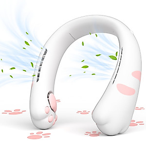 Cute Neck Fan for Kids, Teens, Women, Personal Fans Blow Cold Air for Girls Boys 4-14, Battery Rechargeable,Ultra Quiet Bladeless Turbo, 3 Speeds Portable Fan Hand Free, White