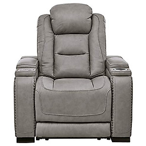 Signature Design by Ashley The Man-Den Leather Power Recliner with Adjustable Headrest & Wireless Charging, Gray