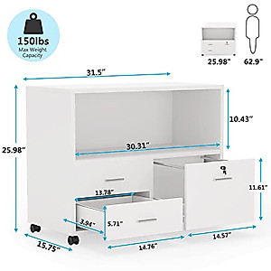 Tribesigns 3 Drawer File Cabinet with Lock, Mobile Lateral Filing Cabinet with Rolling Wheels, Large Printer Stand with Open Storage Shelves for Home Office (White)