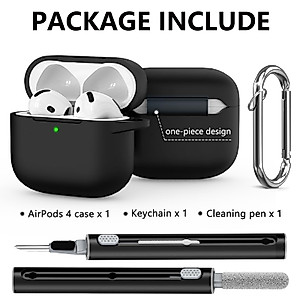 Ljusmicker for AirPods 4 Case Cover 2024 with Cleaner Kit,Soft Silicone Protective Case for Apple AirPods 4th Generation Case for Women Men,AirPod 4 Case Accessories with Keychain-Black