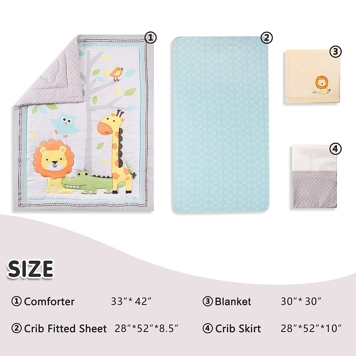 Honkaii 4Pcs Crib Bedding Sets for Boy, Zoo Baby Bedding Sets Neutral with Comforter Fitted Sheet Crib Skirt Blanket, Machine Washable, Suitable for 28 x 52 Inch Cribs,Nursery Bedding Set (Gray)