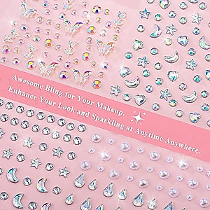 Aaiffey Face Gems Self Adhesive Face Rhinestones Stick On for Hair Gems Makeup Stickers Face,Eyes,Nail Stickers Pearls Star Rhinestones Tattoos for Women, Girls (4 Sheets)