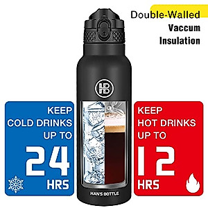 Han's Bottle Sports Water Bottle - 24 Oz, Straw Lid, Leak Proof, Vacuum Insulated Stainless Steel, Double Walled, Thermo Mug,Black