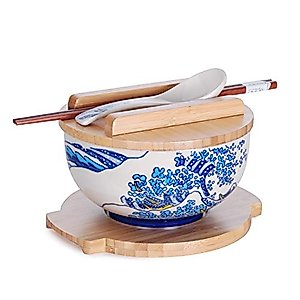 Hinomaru Collection Japanese Kamameshi Style Rice Noodle Bowl with Bamboo Lid Trivet Chopsticks and Porcelain Spoon Bowl Set (Hokusai Wave)