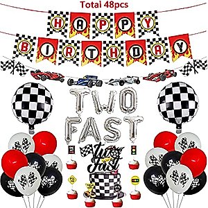 Racing Car Two Fast Birthday Decorations for Kids Boys Racing Theme 2nd Party Supplies With Banner, Cake Toppers and Checkered Balloons for Let's go Racing