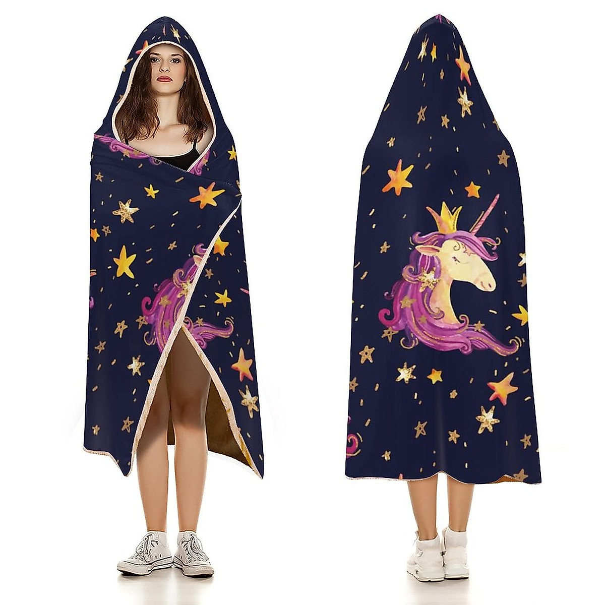 Unicorn Stars Hooded Blanket Print Hoodie Cloak Cape Wearable Throw Blankets for Men Women 60"x80"