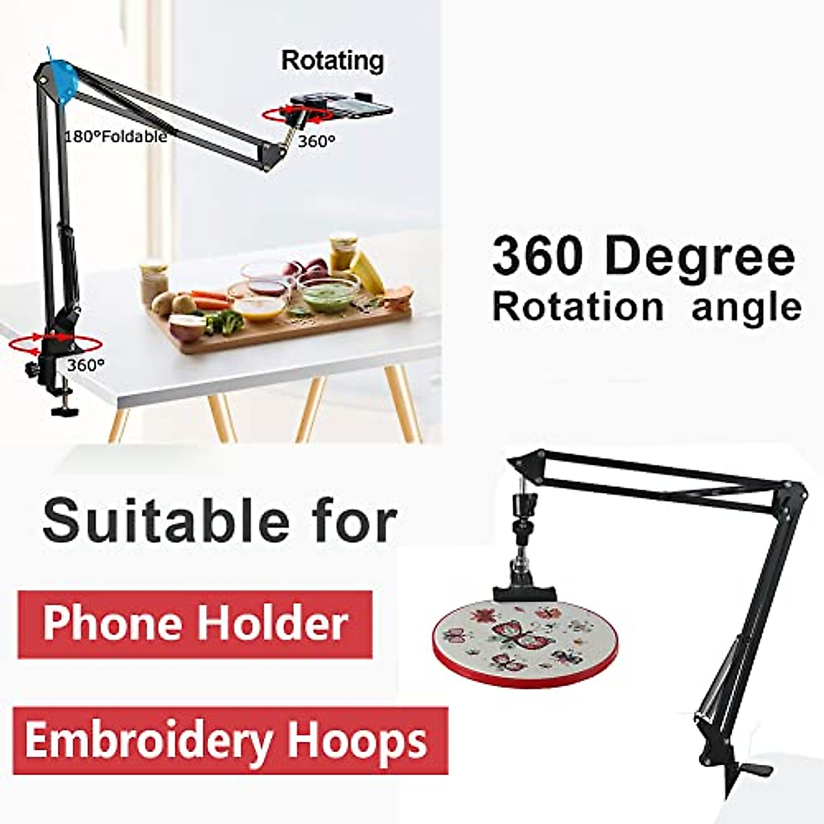 Embroidery Hoop Holder - Adjustable Embroidery Hoop Stand, Metal Embroidery Stand，Folding Embroidery Stand Cross Stitch Stand 360 Hoop Spin knob,Suitable for Phone Holder.