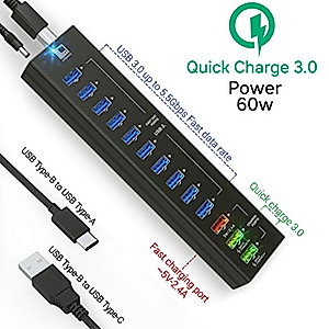 LATORICE USB Hub Powered, 13 Multi-Port USB Hub with 10 USB 3.0 Ports 2 IQ Quick Charge Ports, and Port with up to 2,4A Power, Powered USB Splitter with Cords C and A, Unibody Aluminum USB HUB