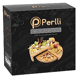 PERLLI Bamboo Cheese Board & Knife Set, Large Folding 18 Inch Round Wood Rotating Charcuterie Board Set Cheese Meat Wine Serving Tray Platter, Home Decor Holiday Gift Set