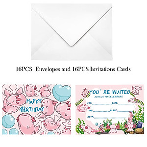 UOKRANH 16PCS Axolotl Birthday Invitation Cards 16PCS Animal Anime Postcard Styles 5x7 inches Invitations With Axolotl Graffiti Birthday Party Invite Card Supplies for Children（Envelope Included）