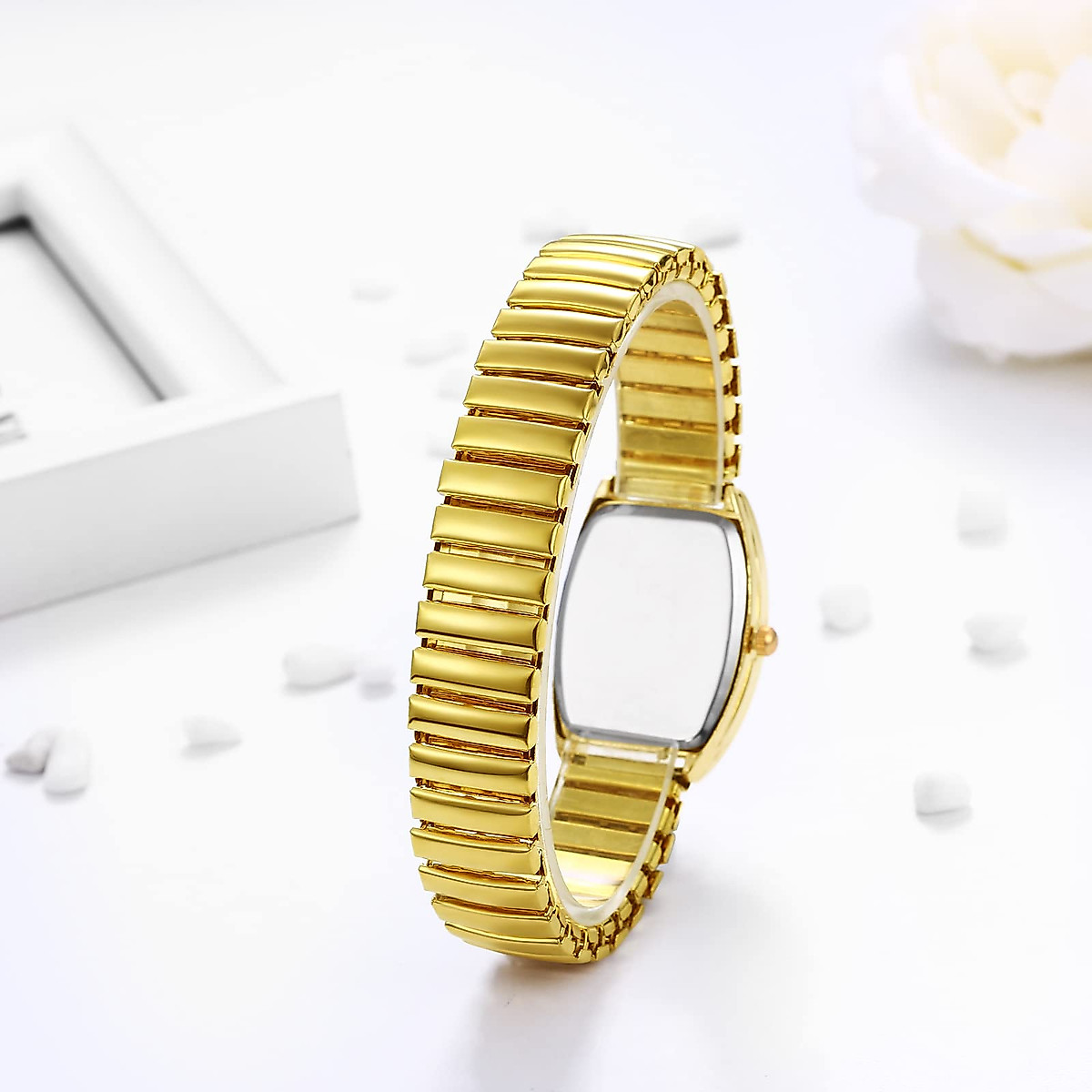 JewelryWe Women's Ultra Thin Easy Reader Watch with Elastic Strap, Golden/Silver Watch