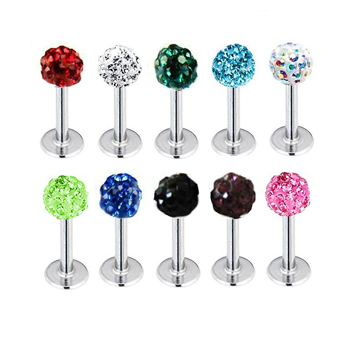 Honbay 10color Mixed Labret Ring,honbayTM 10pcs Mixed 16g Czech Crystal Lip Labret Ring Studs Monroe Stainless Steel Piercing