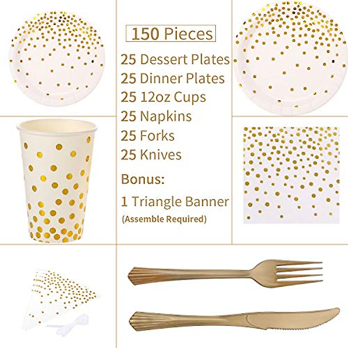 White and Gold New Year Eve 2025 Party Supplies 150PCS Golden Dot Disposable Party Dinnerware Includes Paper Plates, Napkins, Knives, Forks, 12oz Cups, Banner, for Bridal Shower, Wedding, Serves 25