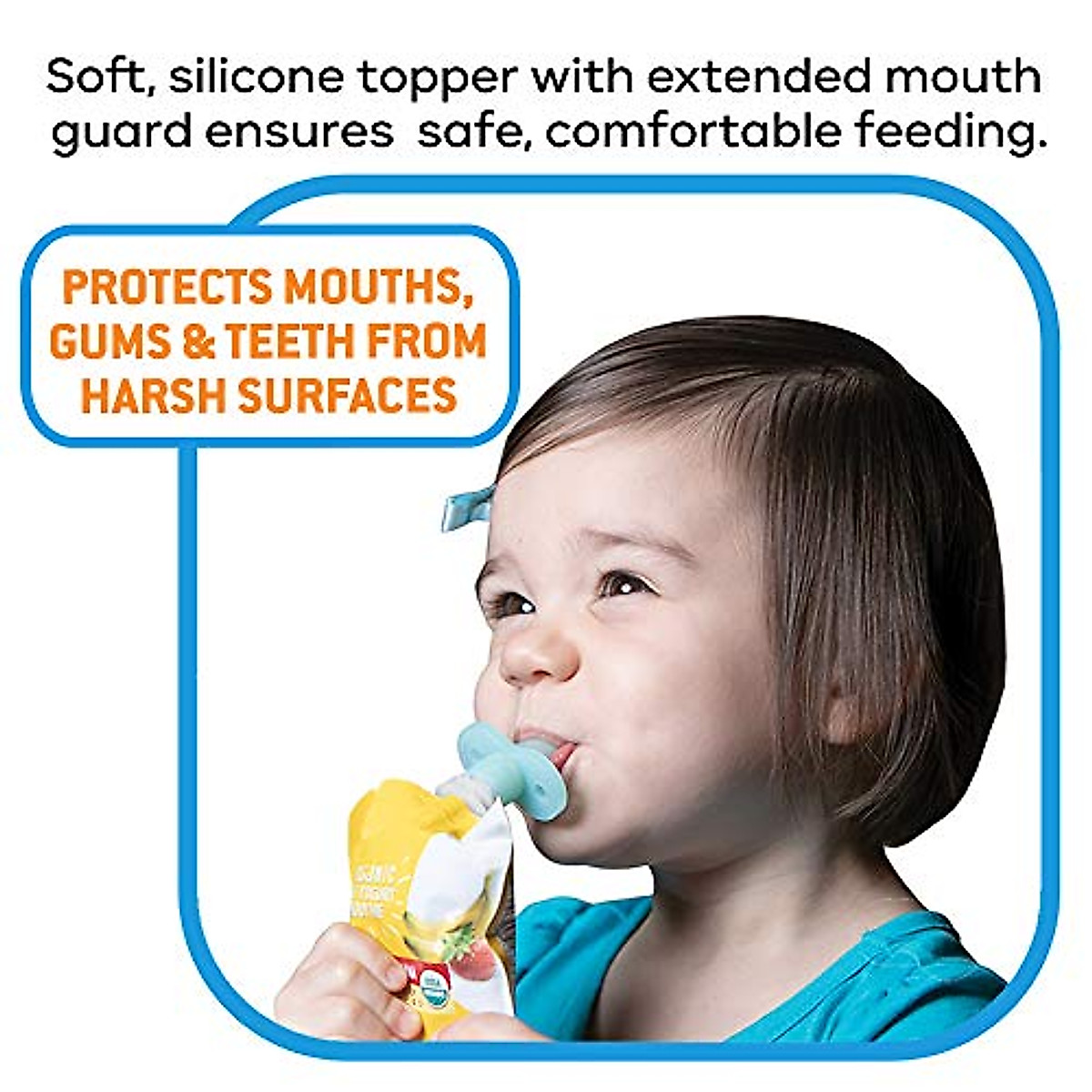 Buon Bambini Soft Sip Baby Food Pouch Toppers, 100% Silicone, Aqua/Blue, 4 Pack, Ideal for Homemade/chunkier Baby Foods