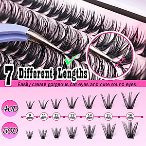FANXITON DIY Lash Extension Kit - Volume Clusters 40D+50D D Curl Individual Lashes, Thick Eyelash Extension 280 pcs, Thin Band, Bond and Seal, Tweezers