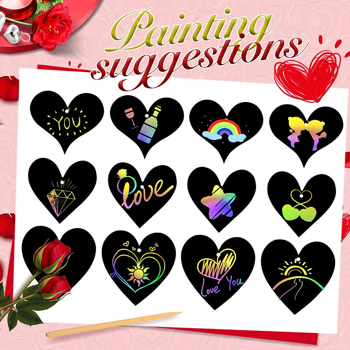 28 Pieces Valentine Crafts Scratch Paper Ornaments Heart Shape Rainbow Scratch Craft Art, with 28 Pieces Wooden Styluses,28 Pieces Ribbons, and 2 3D Puffy Stickers, for Valentine DIY Art Decorations