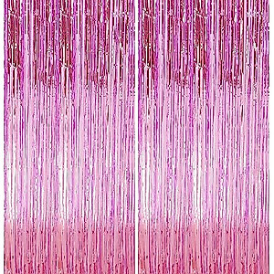 2 Pack 3.2 ft x 9.8 ft Pink Tinsel Curtain Party Backdrop Decorations, Metallic Foil Fringe Backdrop Door for Halloween, Christmas, Birthday Graduation Wedding Party Streamers Photo Backdrop.