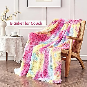 UOMNY Faux Fur Throw Blanket with Throw Pillow Cover Tie Dye Fluffy Blanket Set for Girls 50 x 60 Rainbow Plush Blankets for Couch Sofa Bed Teen Girl Gifts for Birthday Christmas Pink