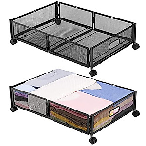 NiHome Under Bed Storage Containers with Wheels, Foldable Metal Under Bed Shoe Storage Drawers Cart, Tool Free Assembly Rolling Under Bed Storage Organizer for Toys Clothes Book Blanket, Black, 2PCK