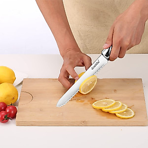 dearithe Serrated Utility Knife 6.5 Inch,High Carbon Stainless Steel Kitchen Knife with sheath, For Slicing Tomatoes or Crusty Bread, Dishwasher safe