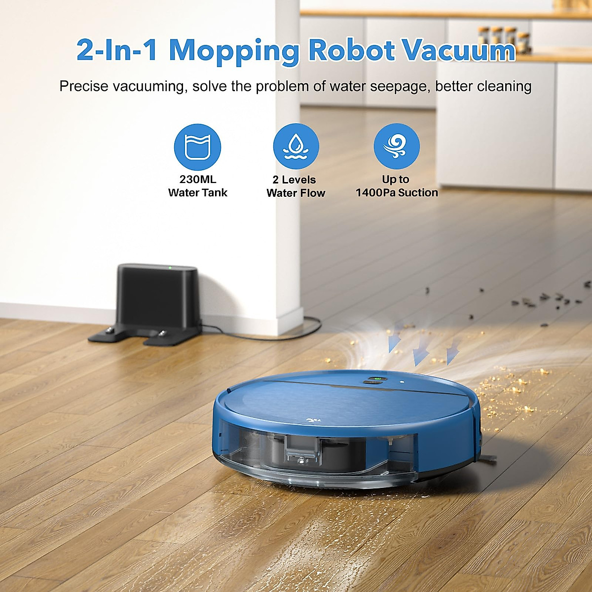 Robot Vacuum and Mop Combo, 2 in 1 Mopping Robot Vacuum Cleaner Compatible with WiFi/App, Robotic Vacuum Up to 2300Pa Suction, Self-Charging, Slim, Ideal for Hard Floor, Pet Hair, Low Pile Carpet